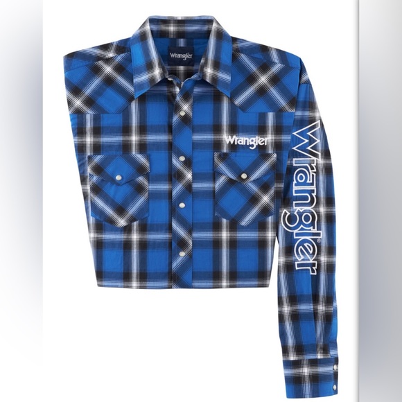 Wrangler | Shirts | Wrangler Navy Team Logo Blue Plaid Mens Shirt ...